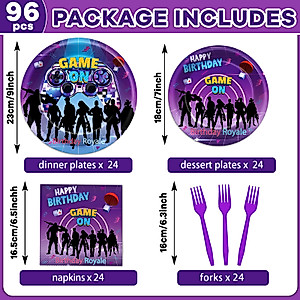 96Pcs Video Game Party Supplies Birthday Royale Tableware Set Gaming Party Plates and Napkins Game on Decorations for Kids Boys Girls Baby Shower Video Game Dinnerware Party Favors for 24 Guests