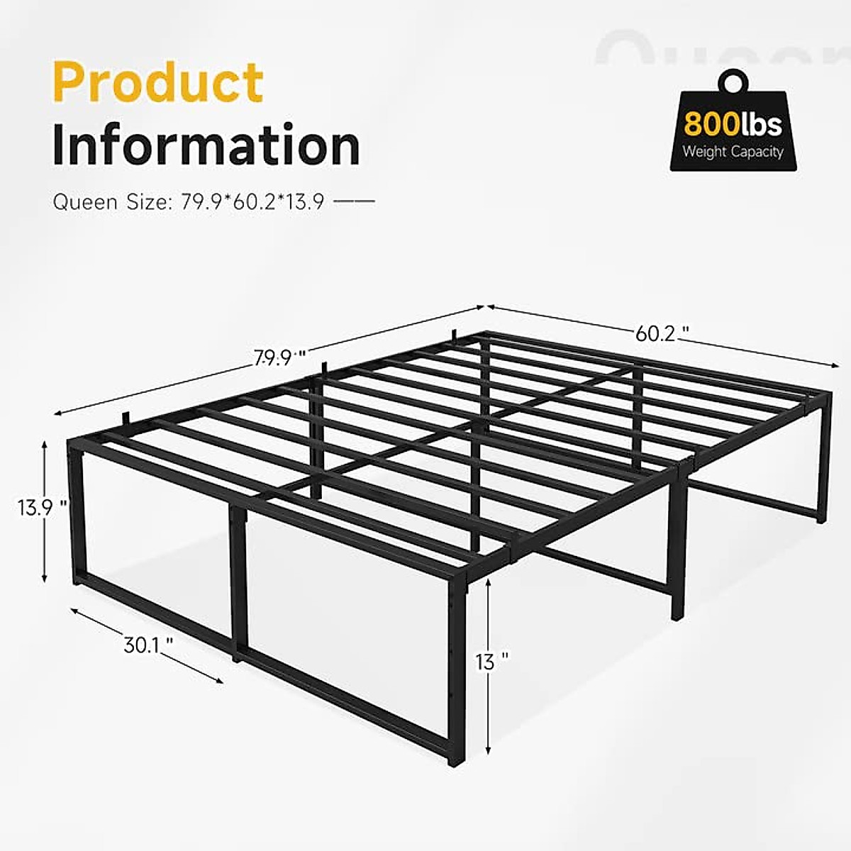 Alkmaar Queen Size Metal Bed Frame, 14 Inch Queen Bed Platform with 3 in 1 Steel Support, Heavy Duty No Box Spring Needed Mattress Foundation Easy Assemble Bedframe, Black