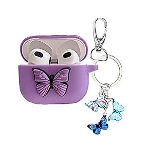 Butterfly Case for Airpod 3 Case,Cute Airpods 3rd Gen Case Cover for Apple AirPods 3rd Generation (2021), Funny Protective Silicone Case Accessories with Butterfly Keychain for Women Girl (Purple)