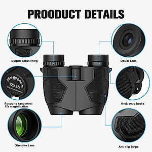 Binoculars 12x25 for Adults and Kids Night Vision Binoculars Compact Binocular Large Eyepiece Waterproof Binocular Wide Field of View for Bird Watching,Hiking,Hunting,Concert with Carrying Bag