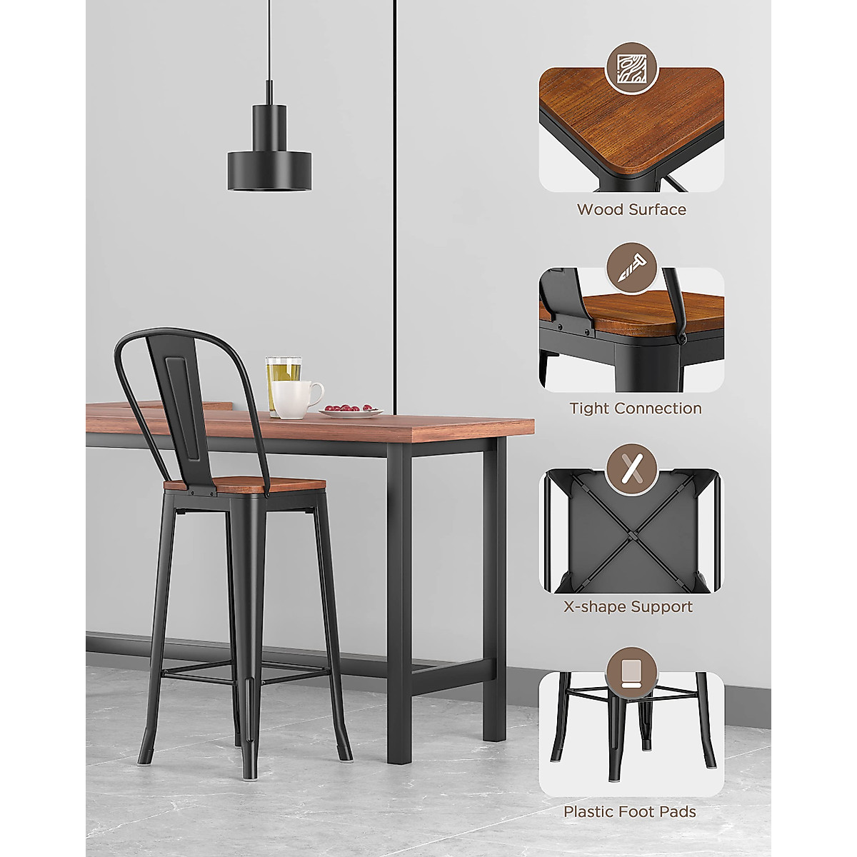 Aiho Bar Stools 30” Dining Chairs Outdoor Patio Bistro Set of 2 Metal Height Bar Stools with Wood Seat and Removable Backrest, Gloss Black