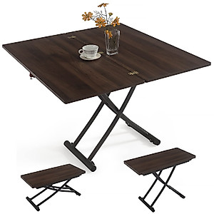 MYSELFLY Living Room Dinning Tables Folding Metal Lift Bracket Multifunction Transform Dinner Kitchen Coffee Tea End Table in Home Wood Desktop Design 40x35 Walnut