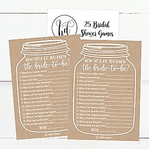 Hadley Designs 25 Cute Rustic How Well Do You Know The Bride to be Bridal Wedding Shower, Bachelorette Party Game, Couples Guessing Question Set of Cards Pack Unique Printed Engagement