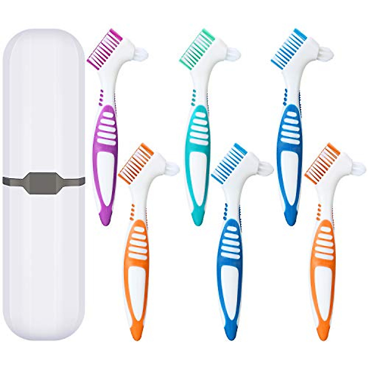 WILLBOND 6 Pieces Denture Brush Toothbrush Hard Denture Toothbrush Brush Cleaning Brush with White Carrying Case for False Teeth Cleaning (Green, Purple, Blue and Orange)