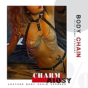 Salliy Punk Waist Chain Black Leather Body Chain Harness Belly Belt Chains Nightclub Party Body Accessories Jewelry for Women (Q)