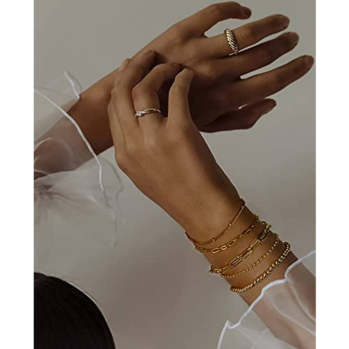 CONRAN KREMIX Gold Chain Bracelet Sets for Women Girls 14K Gold Plated Dainty Link Paperclip Bracelets Stake Adjustable Layered Gold Bracelet for Women Trendy Gold Jewelry For Women
