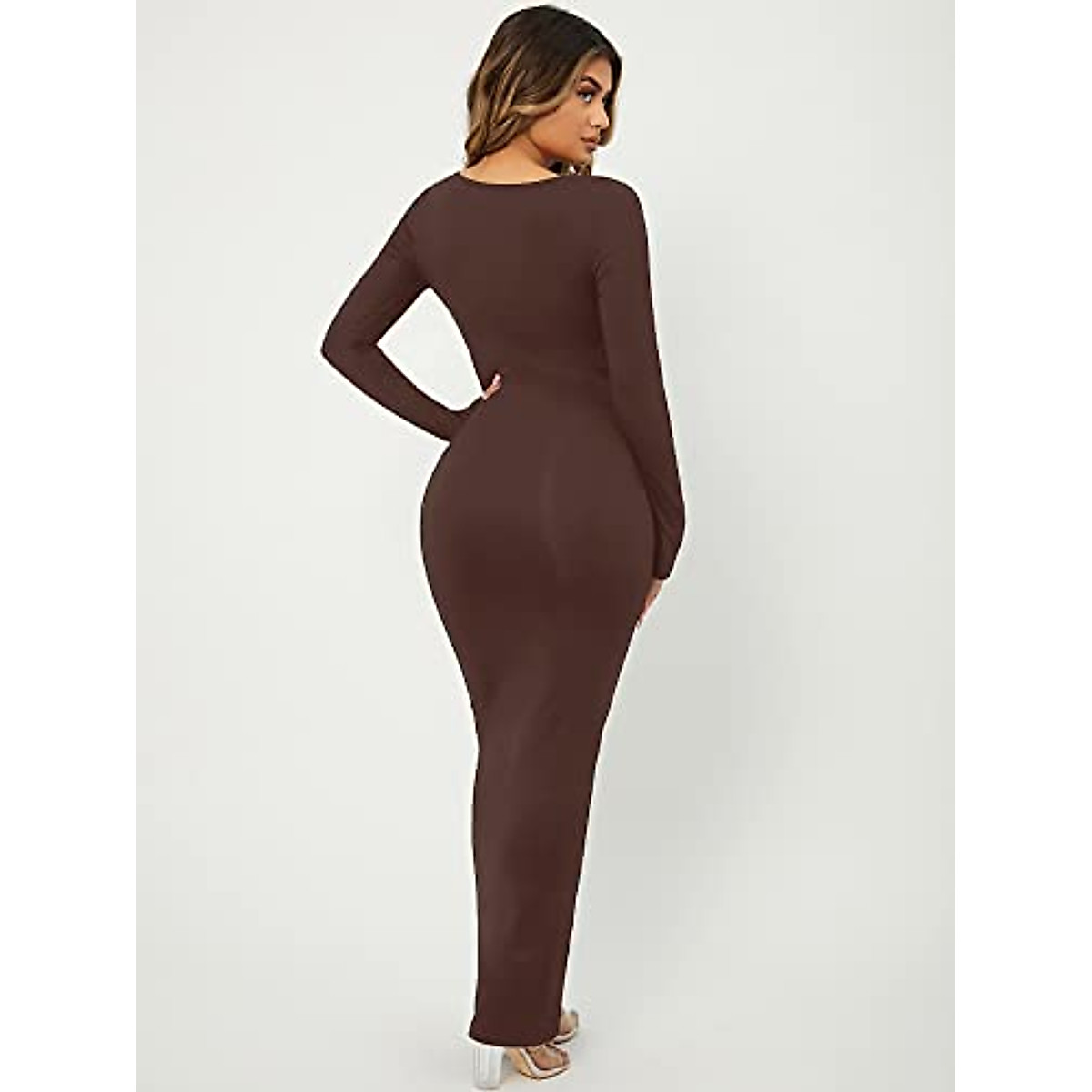 Floerns Women's Solid Long Sleeve Scoop Neck Bodycon Pencil Maxi Dress Coffee Brown S