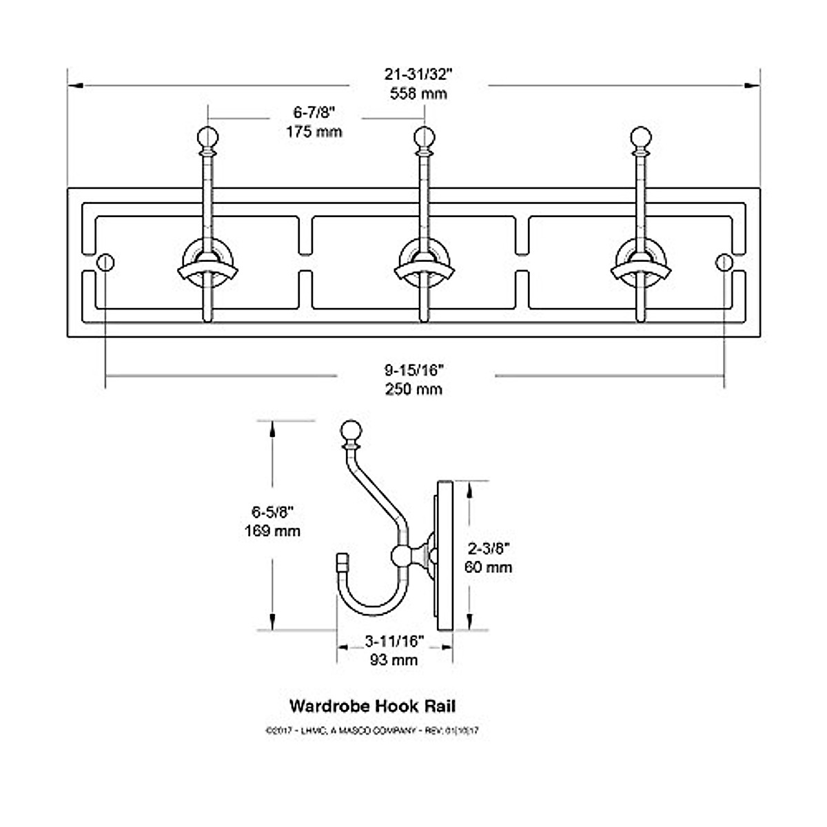 Liberty 22 inch Stylish Wall Mounted White and Satin Nickel Wardrobe Hook Rail/Coat Rack with 3 Pretty Dual Hanger Hooks for Coats, Hats, Scarves, Key • Extra Wide Hanging Space