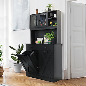 Arlopu Dual Tilt Out Trash&Storage Cabinet, Kitchen Sideboard Cupboard W/Pet Proof 10X2 Gal Hidden Garbage Holder, Freestand Laundry Sort Cabinet, W/Drawer, Shelves,Barn Door (Black)