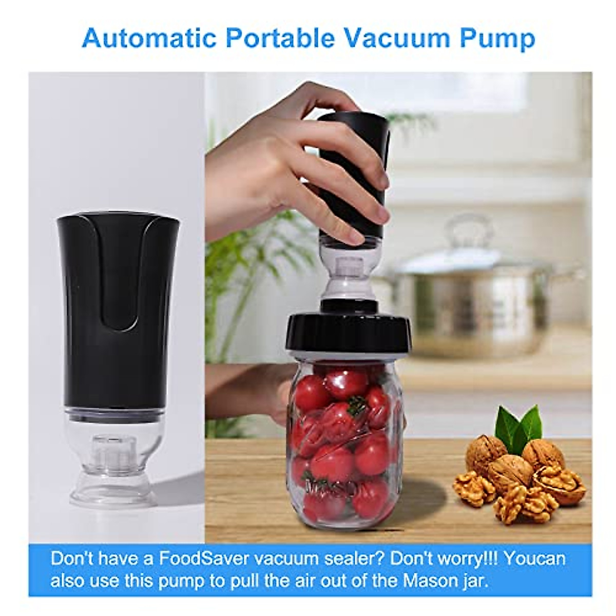 Electric Mason Jar Vacuum Sealer, Food Vacuum Sealer with Attached Hose, Vacuum Sealer Kit for Wide Mouth and Plain Mouth Mason Jars, With Electric Portable Vacuum Pump and Lid Opener (Automatic Black)