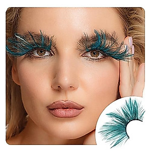 Dorisue Halloween eyelashes Double Lip Black with Green Big Extra Long Feather eyelashes Extra extension Halloween Green Feather Tip False Eyelashes Dance Halloween Costume