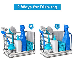 FixOwl Kitchen Sink Caddy Organizer 304 Stainless Steel Sponge Holder Dish Soap Brush Scrubber Countertop Rack, Rustproof, Silver