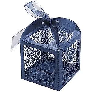 KPOSIYA 70 Pack Wedding Favor Boxes Laser Cut Boxes Party Favor Box Small Gift Boxes Lace Candy Boxes for Wedding Bridal Shower Baby Shower Birthday Party Anniverary with Ribbons (Navy, 70)