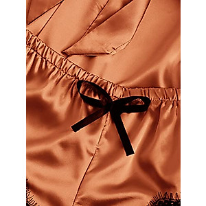 WDIRARA Women' Silk Satin Pajamas Set 4pcs Lingerie Floral Lace Cami Sleepwear with Robe Pure Orange M