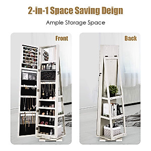 CHARMAID 360° Swivel Jewelry Armoire with Higher Full Length Mirror & Inside Makeup Mirror, Standing Lockable Jewelry Cabinet Organizer, Large Capacity, Back Storage Shelves (Grayish White)