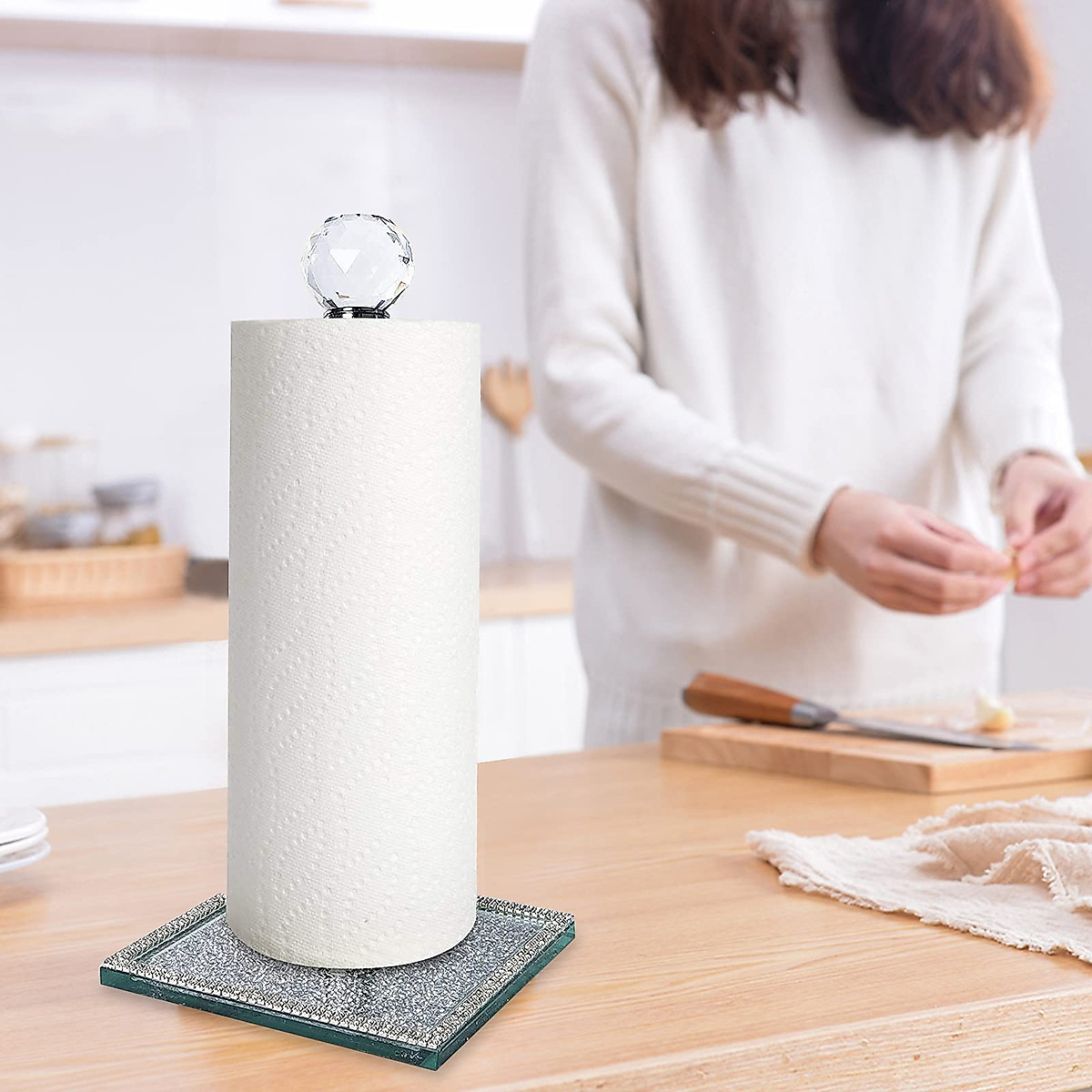 Crystal Paper Towel Holder Stand, Bling Glass Handmade Kitchen Countertop Paper Towel Roll Dispenser Holders, Diamond Effect Standing Bathroom Decor Paper Towel Holder with Cube Base