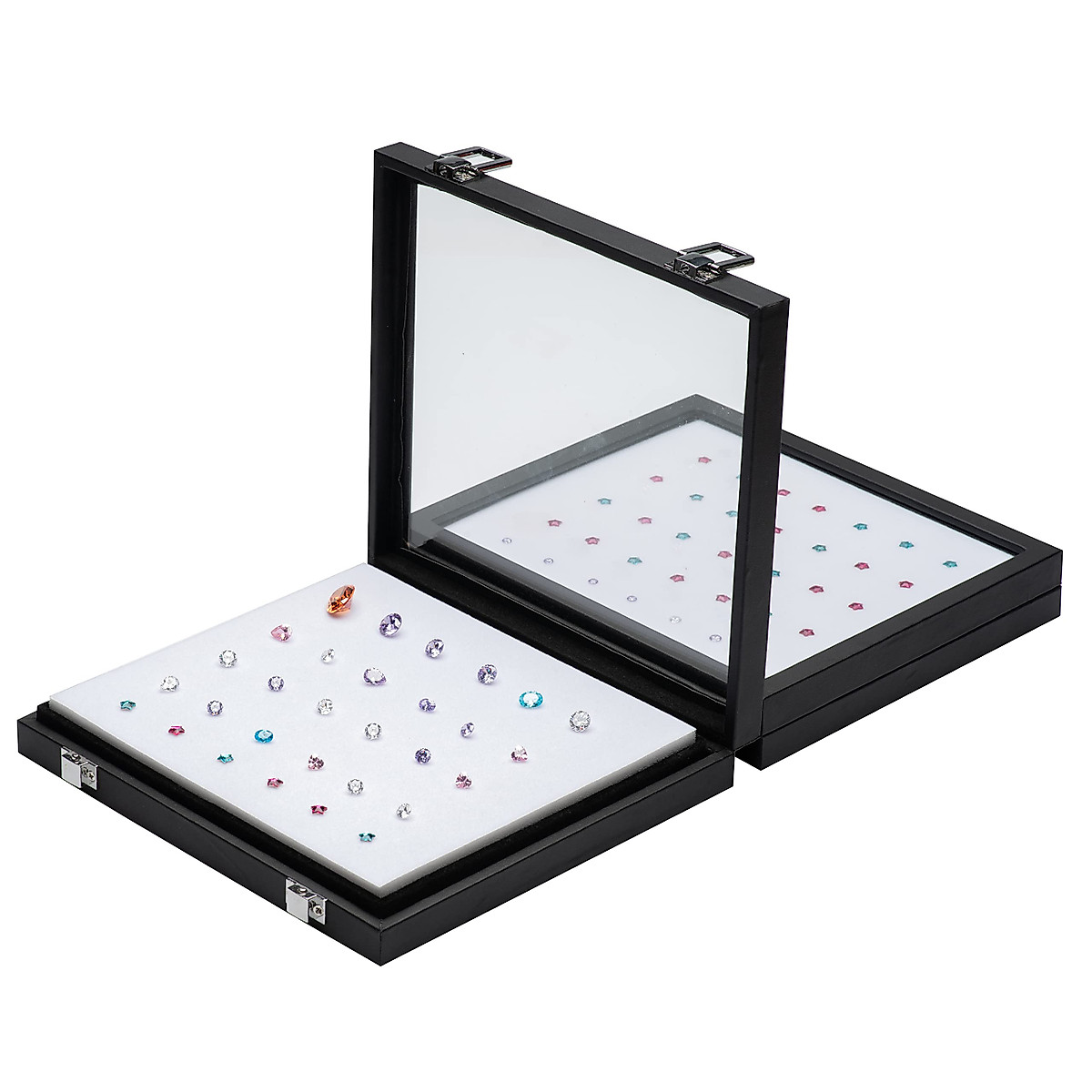 Giftop Jewelry Display Case Tempered Glass Top Lid Black Leatherette,Gemstone Display Case Jewelry Storage Box with Metal Clasp (Large)