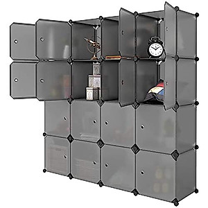 JASOYA modular wardrobe plastic cabinet, 16 cubic wardrobe drawer units, DIY modular wardrobe with doors, can store shoes, books, toys, yarn, gray