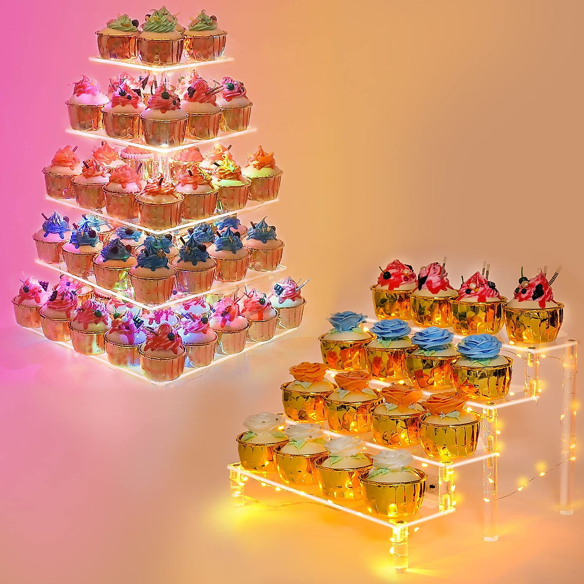 4 Tier Shelf Cake Pop Stand (Yellow) +5 Tier Premium Cupcake Holder – Acrylic Cupcake Tower Display – Cady Bar Party Décor – Acrylic Display for Pastry Weddings, Birthday (Colorful)