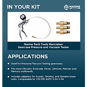 Marine Tech Tools Gearcase Pressure and Vacuum Tester, Gearcase Pressure Tester, Gearcase Vacuum Tester, Vacuum and Pressure Tester Kit, Fits Chrysler, Evinrude, Force, Johnson & Mercury Outboards