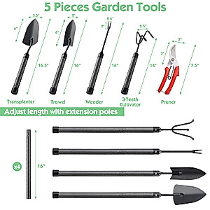 Garden Tools Set 5 Piece with Extended Handle, Heavy Duty Garden Tools Set, Ideal Gardening Tool Kit Gifts for Parents and Kids Including Trowels, Hand rake, Weeder, Pruning Shears