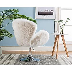 White Makeup Vanity Chair, Cute Furry Home Office Chair with Wheels Arms, Fluffy Swivel Accent Chair for Girls Bedroom Living Room,White Long Fur