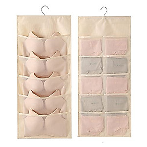 ST-BEST-P Bra and Underwear Hanging Storage Organizer Mesh Pockets Dual Sided Wall Shelves Space Saver Bag Sock Underpants Drawer Closet Clothes Rack (Beige:(5+10 Pockets))