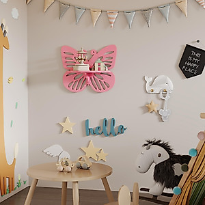 Pink Butterfly Shaped Floating Shelf for Girl’s Room, Cute Wall Display Rack for Nursery Decor, Small Decorative Shelf Wall Mounted, Wood Hanging Wall Shelf for Toys, Plants and Decorations Storage