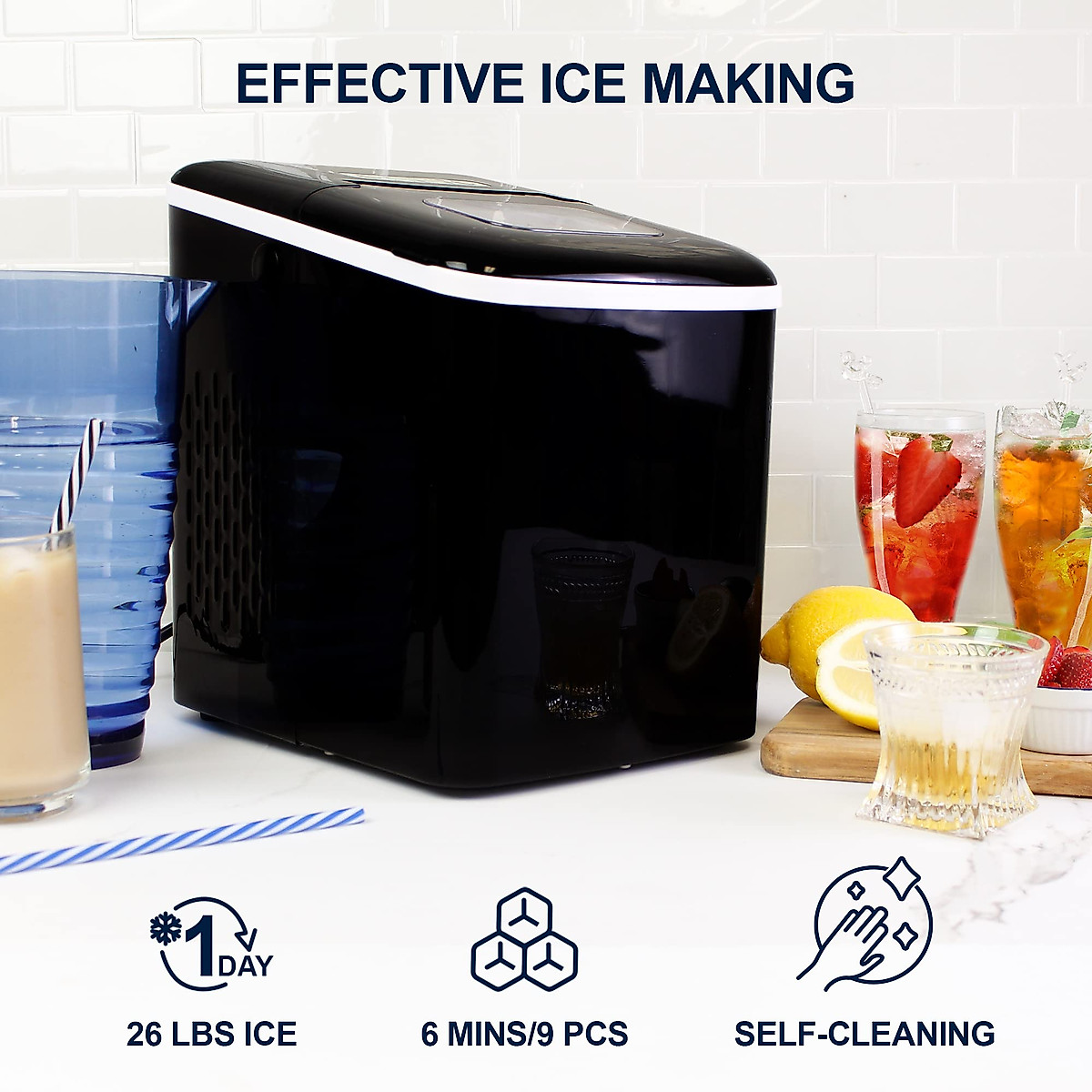 Koolatron Compact Countertop Ice Maker Machine with Digital Controls and LED Indicators, Ice Cubes Ready in 6-8 Minutes, Makes 26 lbs of Ice per Day Best for Parties, Home, Office, Bar (Black)