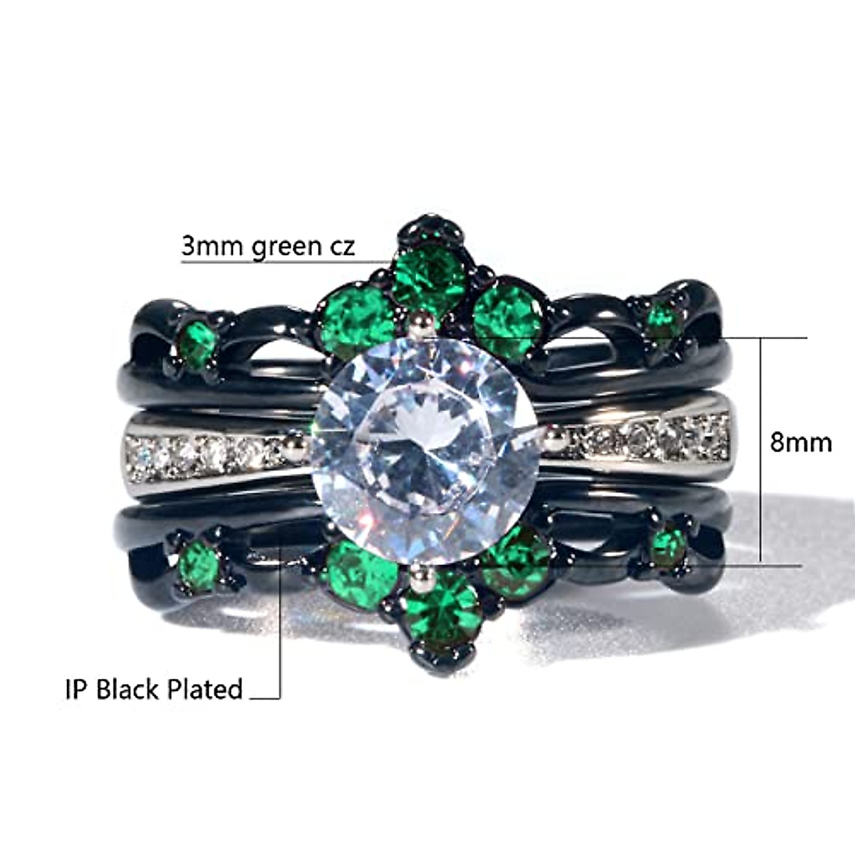ringheart Couple Rings Black Matching Ring 1.5ct Green CZ Women Wedding Ring Sets for Him and Her His Her Wedding Ring