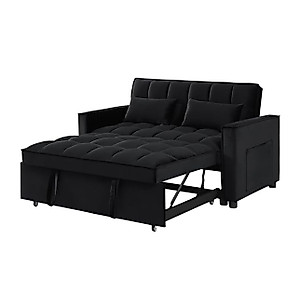 3 in 1 Convertible Sleeper Sofa Bed ,Modern Futon Loveseat Couch Pullout Bed, Velvet Upholstered Small Love Seat Lounge w/Reclining Backrest, Toss Pillows, Pockets, Furniture for Living Room Office