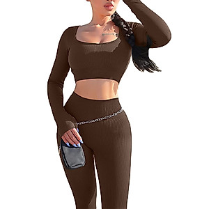 Women's Yoga Tracksuit Set Two Piece Ribbed Workout Crop Top Long Pants Solid Color Exercise Outfits (Brown, S)