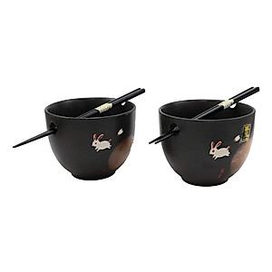 Ebros Pack Of 2 Ceramic Flying White Moon Rabbit Hare Ramen Udong Noodles Black Bowls and Chopsticks For Asian Dining Soup Rice Pasta Salad Collection of Bowl Decor Home Kitchen