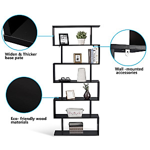 Tangkula 6-Tier Geometric Bookcase, Modern S-Shaped Storage Display Bookshelf for Living Room, Anti-Toppling Device, Home Office Wooden 6 Shelf Open Bookcase (1, Black)
