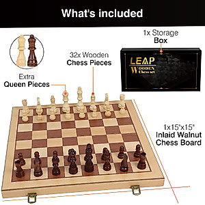 LEAP 15.5" Inches Wooden Chess Set - 2 Extra Queens - Folding Board, Handmade Portable Travel Chess Board Game Sets with Game Pieces Storage Slots - All Age Chess Set for Adults and Beginner