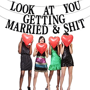 Look at You Getting Married Banner, Black Glitter Backdrop for Wedding Engagement Bridal Shower Party Decorations Supplies