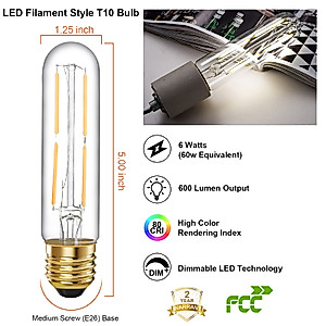 TIANSHQ 6 Pcs E26 T10 LED Tubular Light Bulbs, Daylight White Edison Bulb 4000K 4W Dimmable T10 Led Bulb for Pendant Lights, Lamps, Outdoor Long Light Bulbs (4W, 4000K)