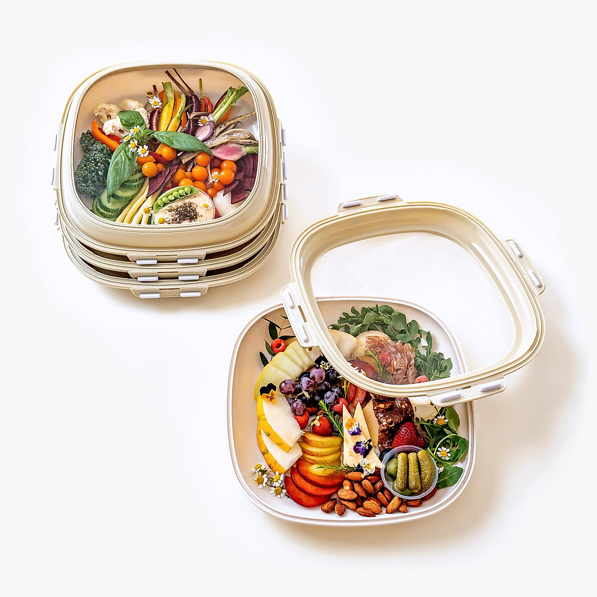 Crudités 4-Pack Portable Snack Tray | Food Containers with Reversible Stretch Lid | BPA-Free, Reusable, Freezer & Dishwasher Safe | Meal-Prep, Charcuterie, Salads, Picnic, Travel (1, Square)