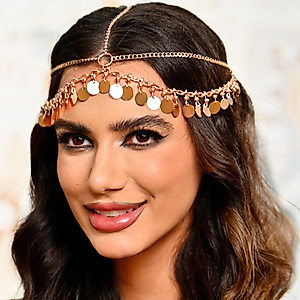 Aukmla Sequin Boho Head Chain Jewelry Gold Headpiece Hair Chains Festival Costume Headband Hair Accessories for Women and Girls