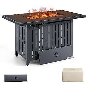 Devoko 43 inch Propane Gas Fire Pit Table Outdoor 50,000 BTU Auto lgnition Patio Propane Gas Firepit with Tempered Glass Desktop and Glass Stone, Black
