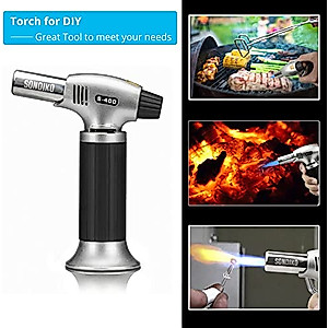 Sondiko Butane Torch and Fuel Refill, S400 with 170 ml Gas Included. Kitchen Torch Lighter Blow Torch with butane refill for BBQ, Creme Brulee, Baking.
