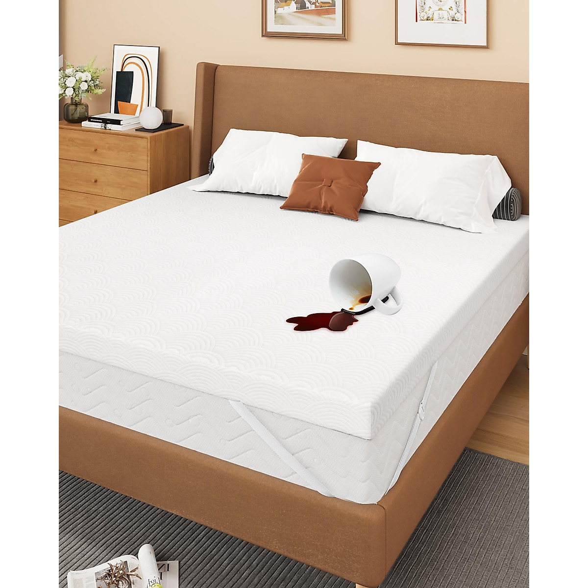 Zenzy 3" Queen Waterproof Mattress Topper Cover, [100% Waterproof] [Ultra-Soft] Cover for Mattress Topper, Washable & with Adjustable Straps, Oeko-TEX Certified [Only Cover]- White