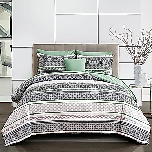 Luxudecor Boho Comforter Set Queen Size 7 Piece, Green Bohemian Bed in a Bag, Striped Comforter and Sheet Set, Soft Microfiber Bedding Set for All Season(Green, 90"x90")