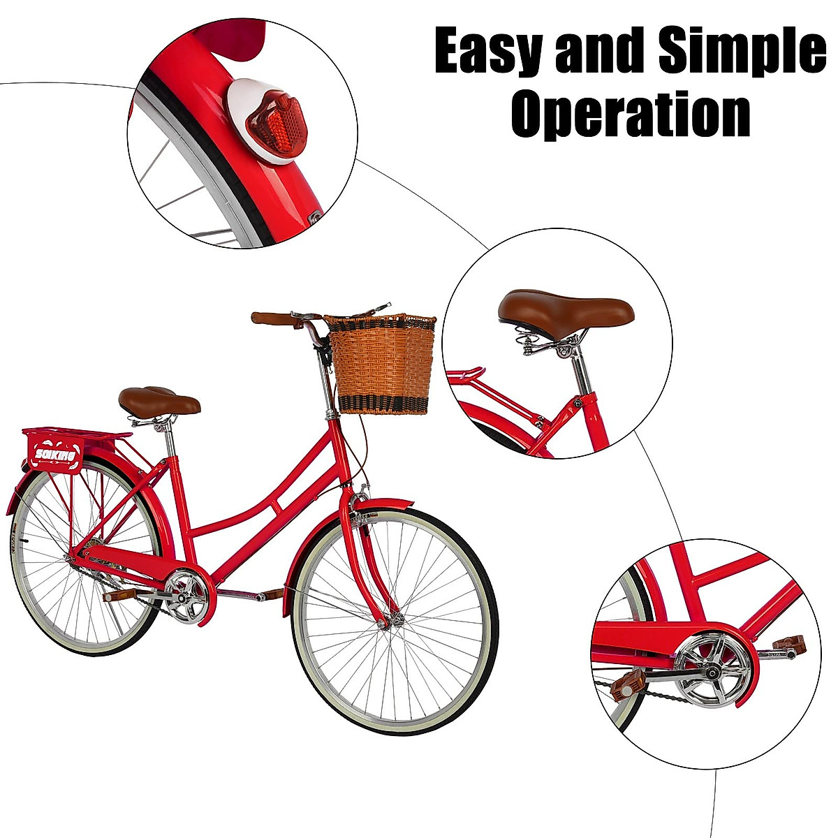 26-inch Single Speed Classic Bicycle Ladies' Retro Beach Cruiser Bicycle with Knitted Basket & Foam Rear Seat Dual Springs High Carbon Steel Shock-Absorbing Frame Adult Bicycle