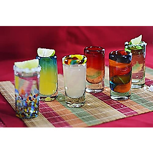 Mexican Tequila Shot Glasses - Set of 6 Large Shot Glasses Pretty Novelty Design Multicolor Recycled Glassware Set Unique Artisan Crafted Dishwasher Safe Hand Blown 2 oz