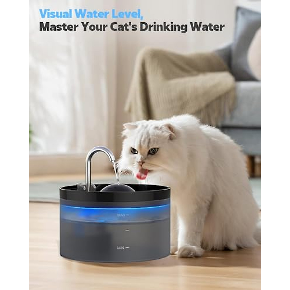 UIOOQ Cat Water Fountain, Pet Waterer Fountain with Ultra Silent Pump, Activated Carbon Filter Keep Water Fresh, 2.2L Capacity, Faucet Design, Anti Sputtering, Suit for All Kinds of Cat