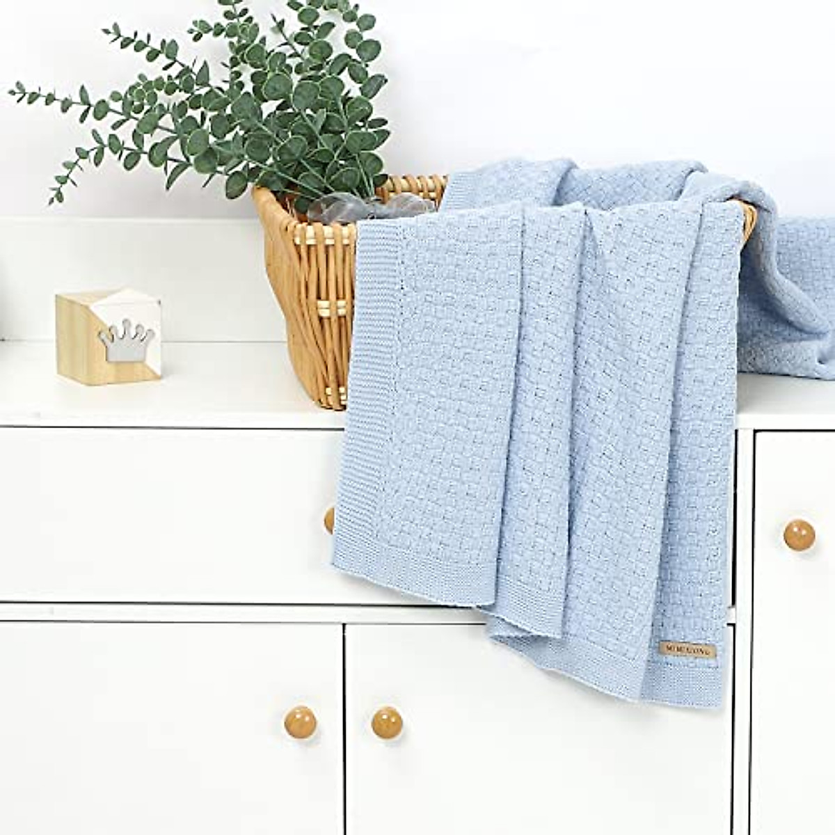 LAWKUL Cable Knit Baby Blanket 100% Cotton Blue Receiving Infant Swaddle Nursery Blankets Crochet Neutral Newborn Boy Girls