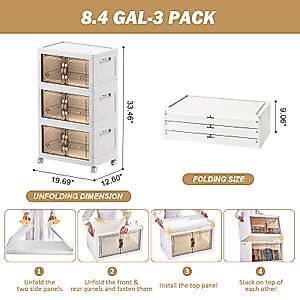 SYNCVIBE Stackable Storage Bins With Lids and Double Doors 3 Pack Plastic Storage Box Collapsible Organizer with Wheels Large Folding Storage Containers for Home Organization (3-pack, 8.4 Gal-white)