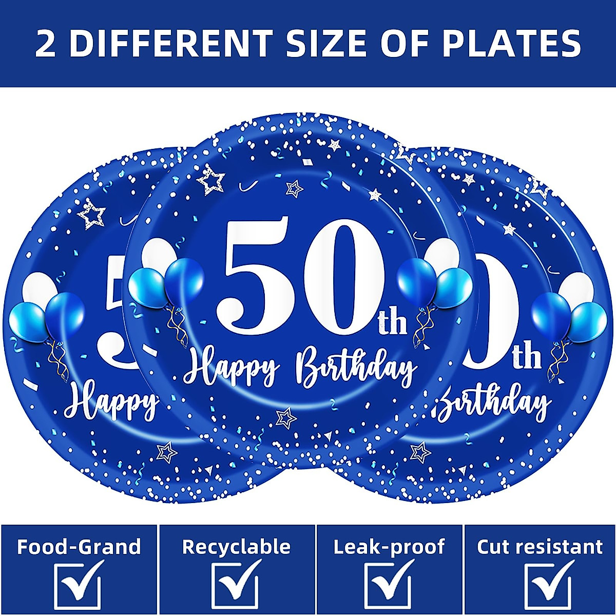 100 Pieces 50th Birthday Party Plates Napkins Blue and Silver Birthday Tableware Blue and Silver 50th Happy Birthday Dinnerware Dinner Dessert Plates Napkins for Blue Birthday Party Supplies Serve 25