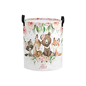 zaaprintblanket Laundry Basket Customized Name Organizer Storage Round Baskets Foldable Laundry Hamper with Handle for Nursery Bedroom Decor (Woodland Animals Pink Blush Floral)